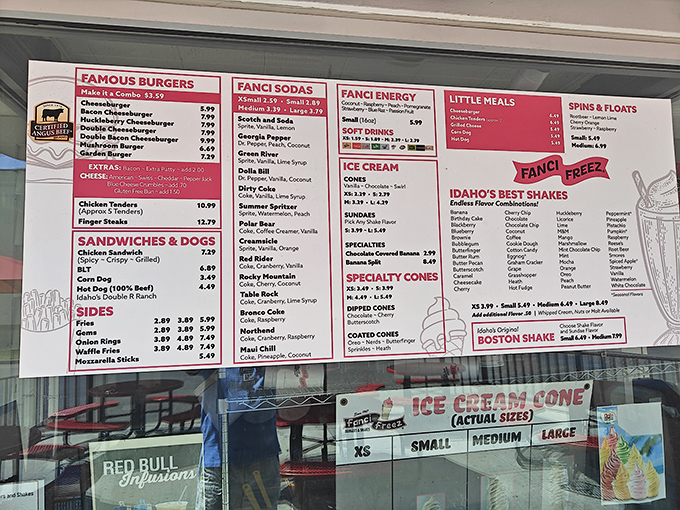 This menu board speaks fluent comfort food – no translation needed when burgers and shakes are the universal language.