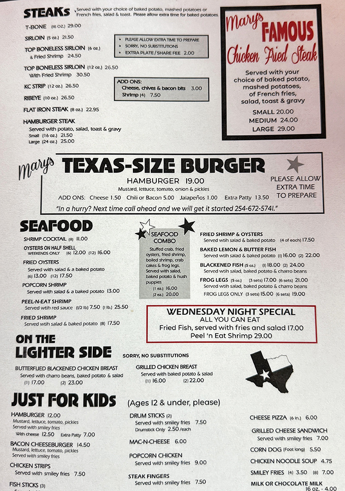 The menu at Mary's reads like a love letter to Texas comfort food, with the legendary chicken fried steak taking center stage.