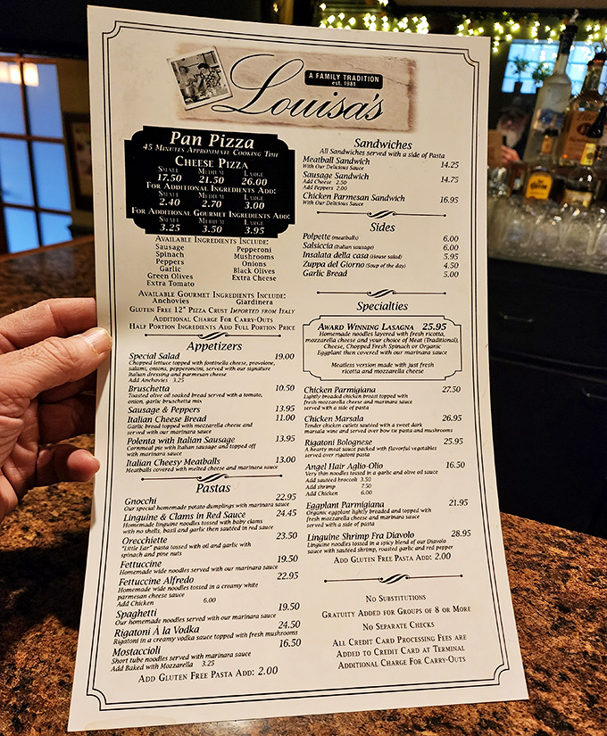 The menu reads like a love letter to Italian-American classics. That "Award Winning Lasagna" isn't just bragging &ndash; it's foreshadowing.