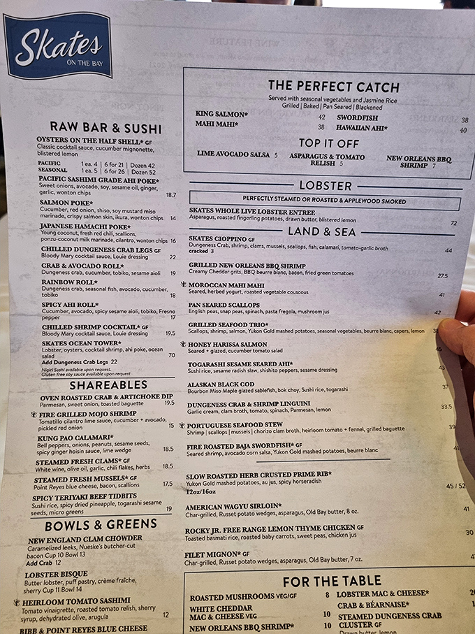 Not just a menu, but a maritime treasure map where X marks the spot for everything from oysters to that legendary slow-roasted prime rib.