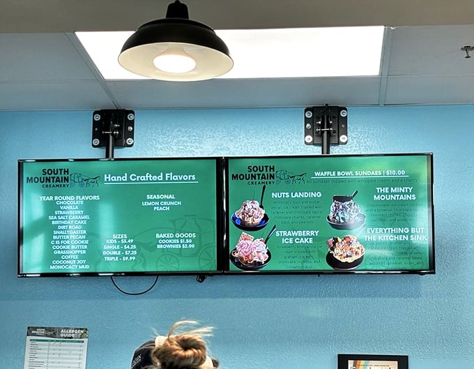 A menu board that doesn't just list flavors – it maps out your happiness journey with creative sundae combinations that deserve their own ZIP codes.