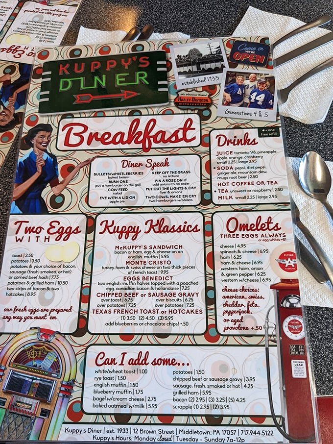 Kuppy's menu reads like a love letter to breakfast classics. The "Diner Speak" section teaches newcomers the secret language of short-order cooking that's nearly extinct in chain restaurants.
