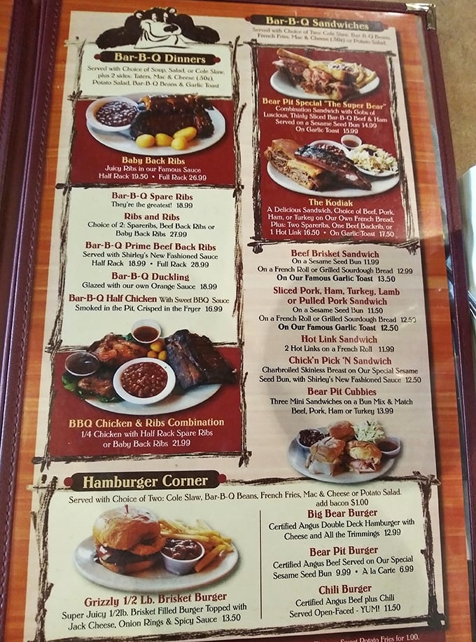The menu tells the story: Baby Back Ribs, Bar-B-Q Spare Ribs, and the legendary "Super Bear" sandwich. Decisions, decisions!