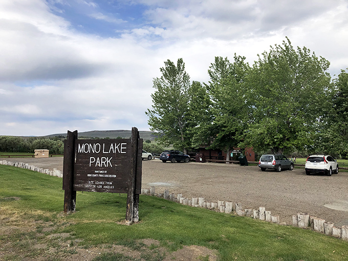 Mono Lake Park's unassuming entrance belies the natural wonder that awaits. Mother Nature doesn't need fancy signage when she's got million-year-old tufa formations.