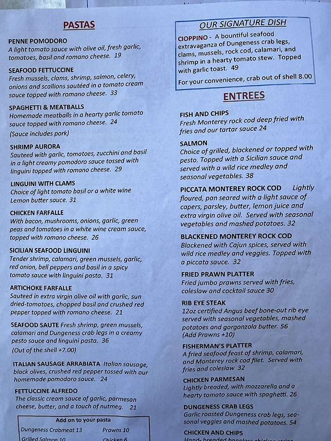 The menu reads like a love letter to the sea&mdash;Italian classics dancing with fresh Monterey catches in a culinary tango that works surprisingly well.