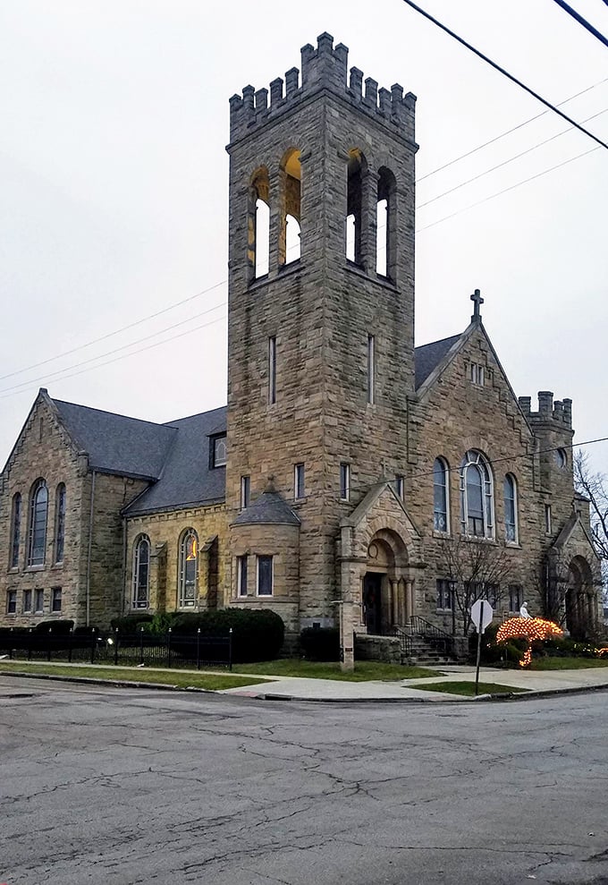 This stone church tower reaches skyward with Gothic confidence, proving small-town Ohio knows how to make an architectural statement worth photographing.