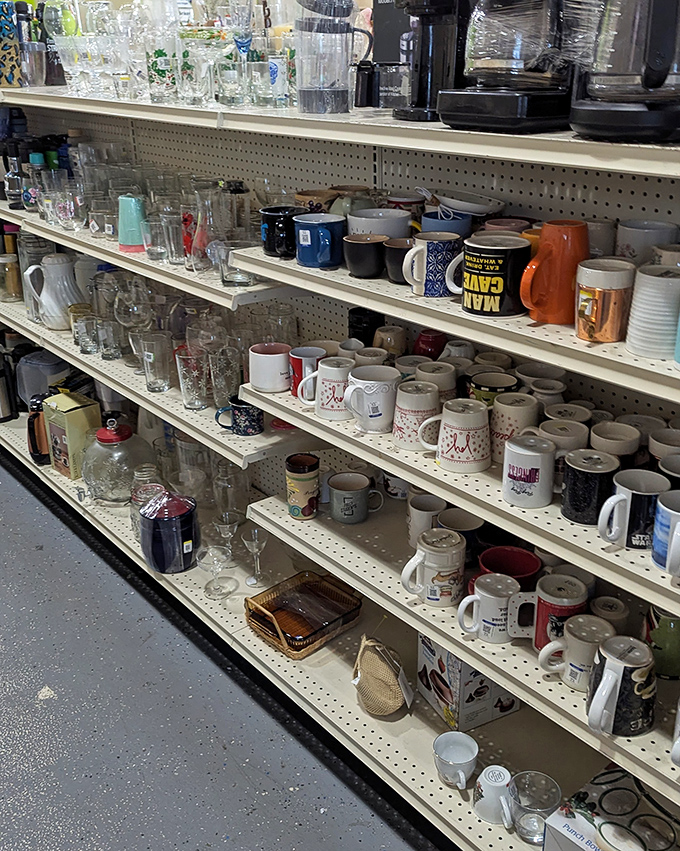 The mug section: where someone's corporate retreat souvenir becomes your perfect morning coffee companion. One person's "World's Best Boss" is another's ironic statement piece.