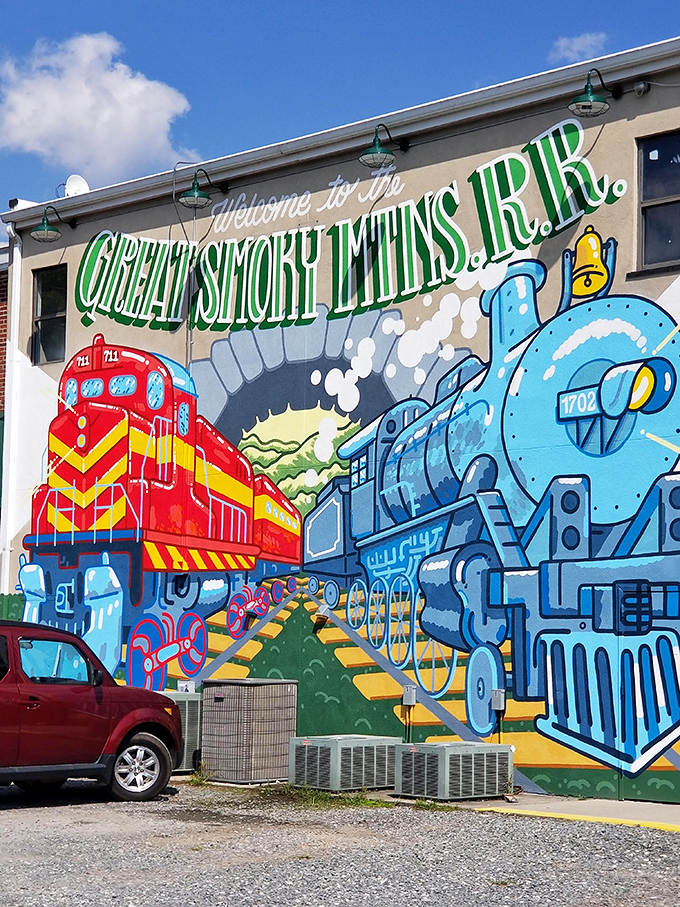 Street art meets railroad history in this vibrant mural. Bryson City's colorful welcome sign promises adventures on steel rails.