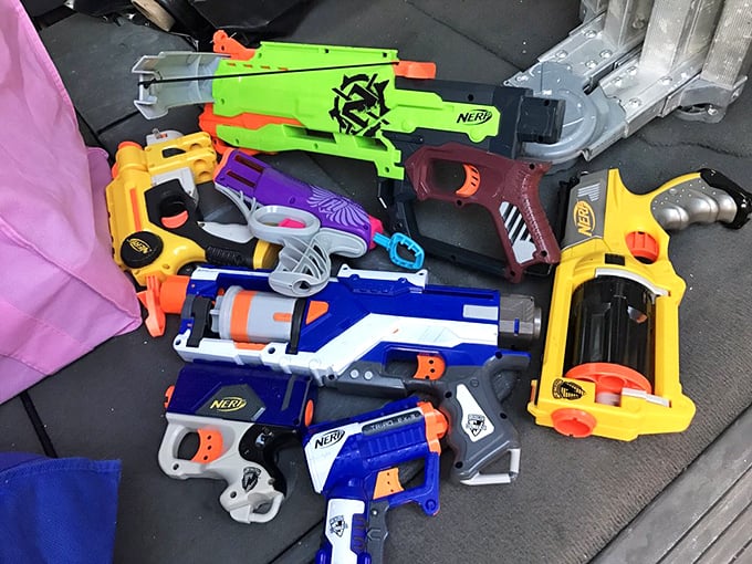 A Nerf arsenal awaiting adoption. Someone's childhood joy becomes another family's backyard battle headquarters &ndash; all for the price of a fast-food meal.
