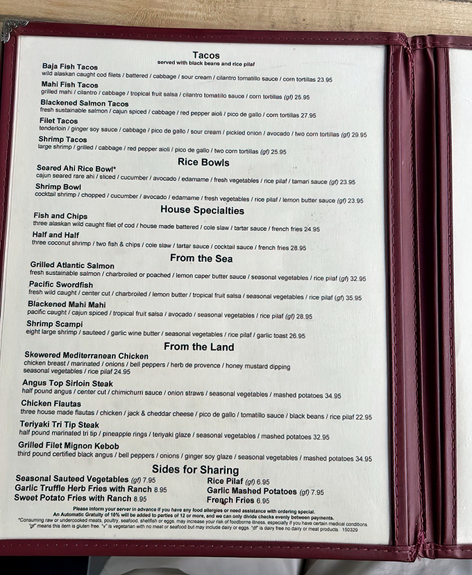 The menu reads like a love letter to the ocean &ndash; blackened salmon tacos and Pacific swordfish promising maritime magic on every plate.