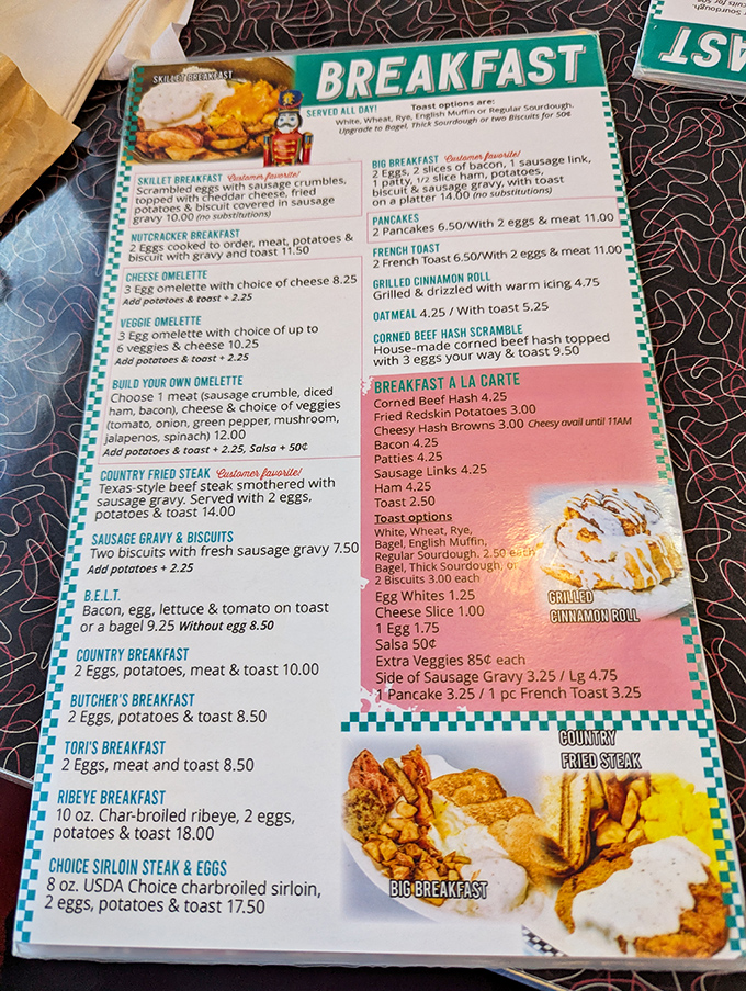The breakfast menu reads like a love letter to morning indulgence. Notice how "Customer Favorite" appears beside dishes that could feed a small village.