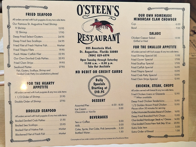 The menu at O'Steen's reads like a love letter to seafood, with no emojis or QR codes needed to translate its straightforward deliciousness.