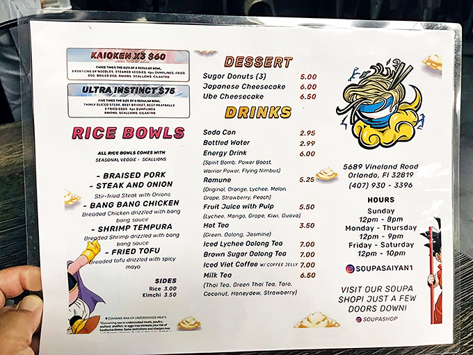 The menu reads like a Dragon Ball Z episode guide with dishes named after power moves. From Kaioken to Ultra Instinct, each bowl promises its own flavor transformation.