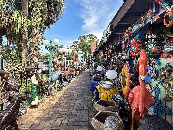 Wander down brick pathways where concrete creatures and colorful treasures compete for your attention in this outdoor wonderland of whimsy.