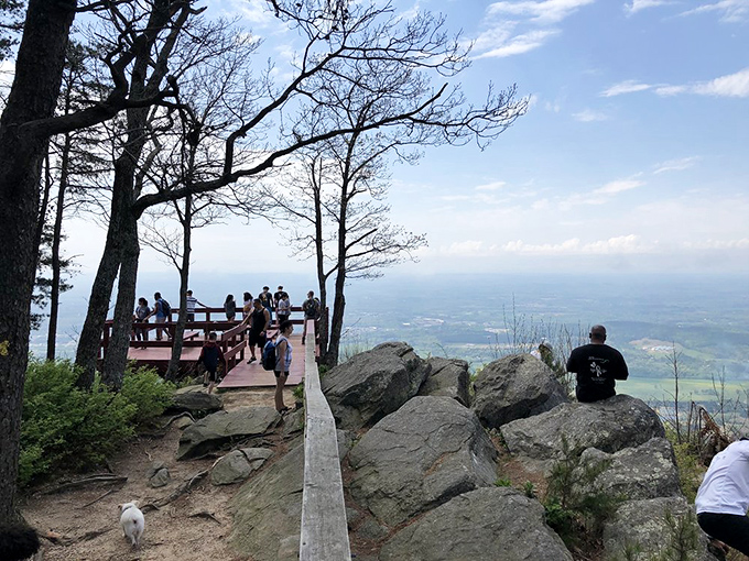 Perched at the edge of forever, visitors gather at this panoramic overlook where Georgia unfolds like a living topographical map.