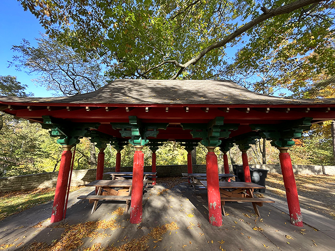 This colorful Asian-inspired pavilion in Warren's park system offers a peaceful retreat where retirees gather without spending a dime.
