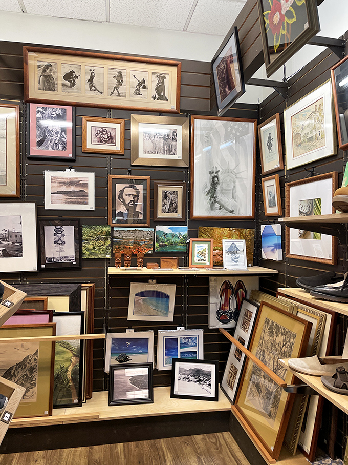 A gallery wall that would make museum curators jealous. Hawaiian landscapes and vintage prints await homes where they'll be conversation starters.