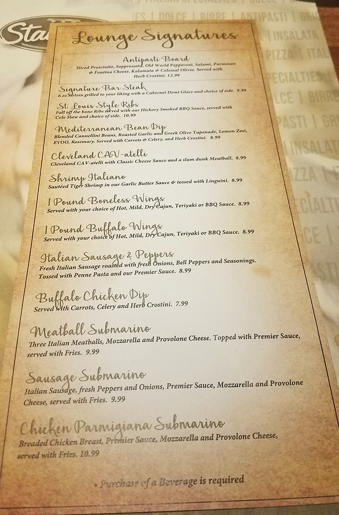 The lounge menu reads like a love letter to Italian-American classics, with that "Cleveland CAV-atelli" showing hometown pride in delicious form.