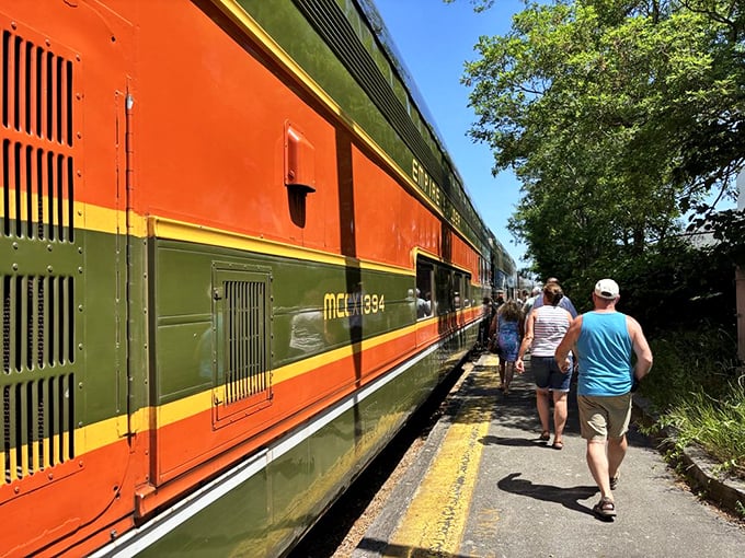 "All aboard" isn't just an announcement—it's an invitation to adventure. Passengers stroll alongside the vibrant orange and green coaches, each step bringing them closer to Cape Cod's secret vistas.