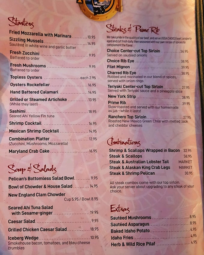 The menu reads like a love letter to the sea, with everything from topless oysters to prime rib—proof that surf and turf is the ultimate power couple.