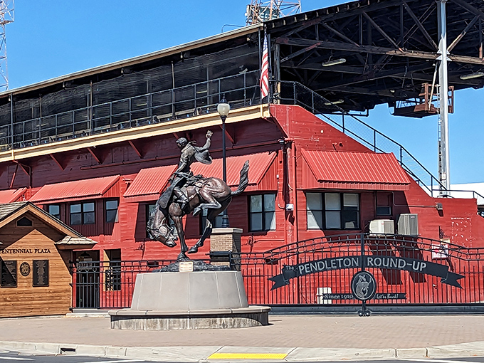 The iconic red grandstand of the Pendleton Round-Up, where every September, this quiet town transforms into rodeo's equivalent of the Super Bowl.