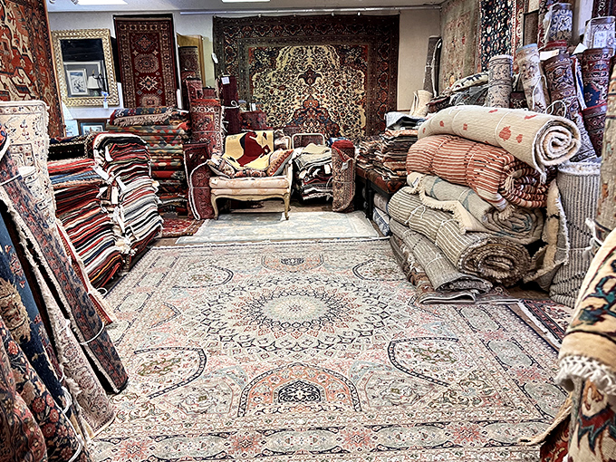 A carpet collector's fever dream! Persian rugs stacked like colorful chapters of history, each one a flying magic carpet for your imagination.