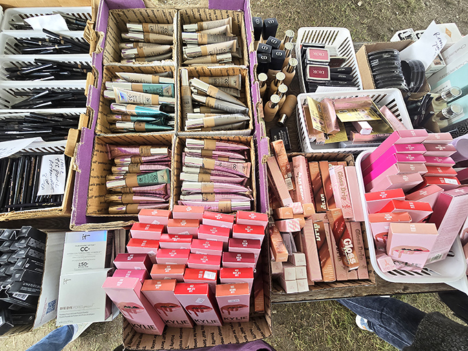 Beauty products from yesteryear lined up like soldiers. One person's discontinued makeup collection becomes another's vintage vanity display.