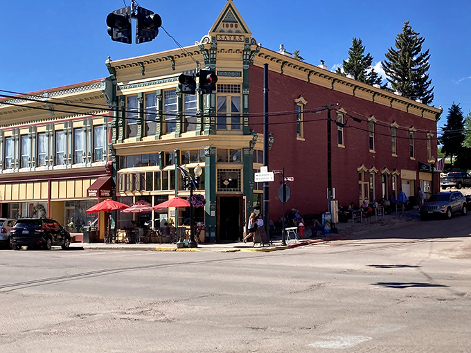 That corner brick building isn't just architectural eye candy&mdash;it's home to Philipsburg Brewing Company, where Montana's mining history meets craft beer innovation under impossibly blue skies.