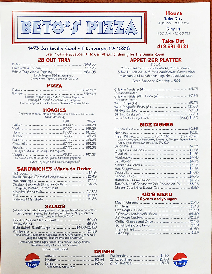 This menu isn't just a list&mdash;it's a treasure map. Each line promises a different adventure, with the star attraction hiding in plain sight: cold-topped pizza.