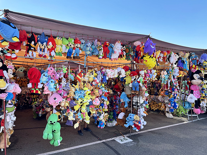 Plush toy heaven! Like a carnival midway where every throw wins, these colorful characters wait patiently for someone to take them home.