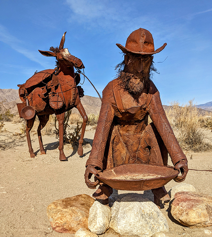 This metal prospector and his trusty mule seem to ask, "Found any gold lately?" Their weathered expressions tell tales of desert perseverance.