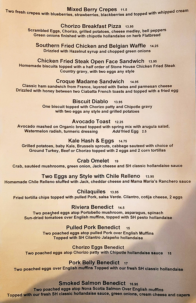 This menu reads like a love letter to breakfast, where classics get creative twists and every description makes your stomach growl in anticipation.