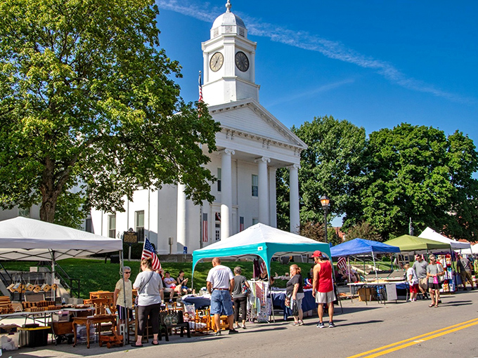 The stately Lafayette County Courthouse stands sentinel over a community market, where locals gather like they have for generations.