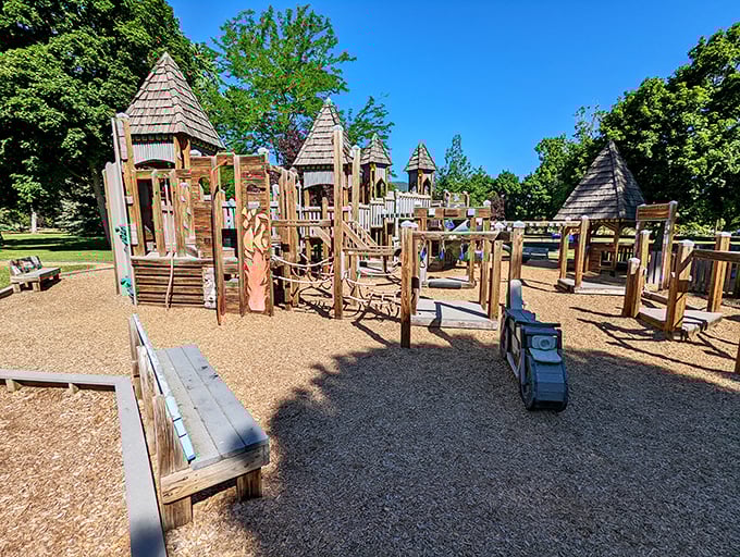 Who says playgrounds are just for kids? La Grande's community parks offer wooden castle structures where grandkids can rule while your wallet remains unscathed.