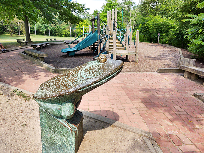 Even the playground gets the storybook treatment in Chagrin Falls, complete with a whimsical frog sculpture that seems to be judging your sliding technique.