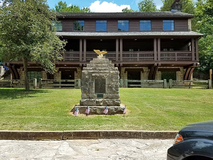 The historic lodge stands as a testament to craftsmanship, its rustic timber and stone promising comfort after a day of outdoor exploration.