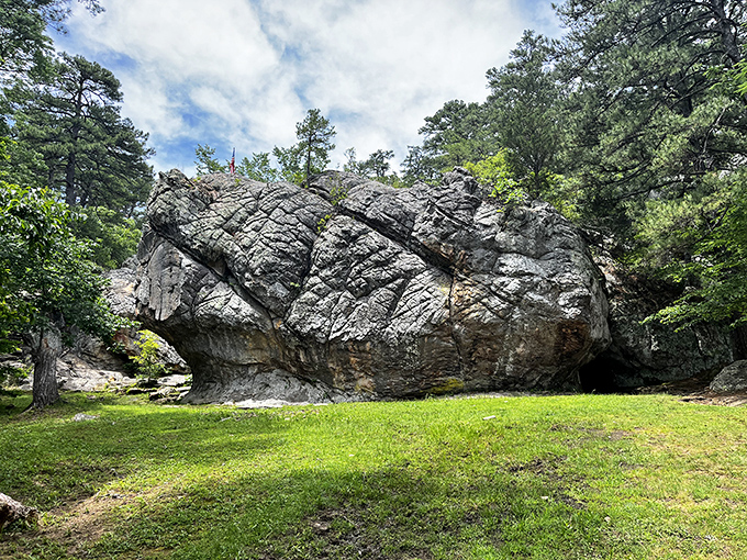 This massive sandstone formation isn't just a pretty face&mdash;it's the actual "Robbers Cave" where Jesse James and outlaws once plotted their next moves.
