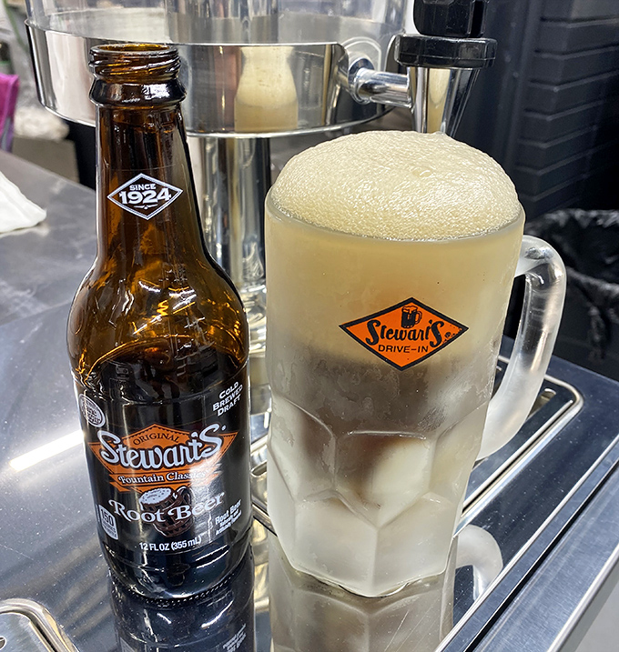The holy grail of roadside refreshment: Stewart's Root Beer in a frosted mug so cold it practically requires mittens to hold it.