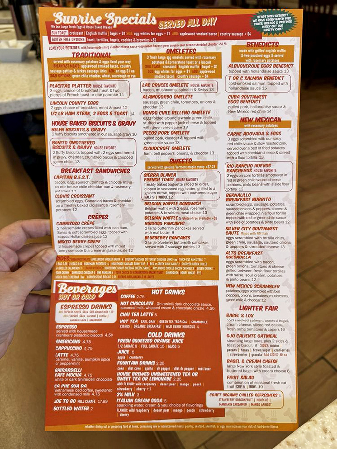 The menu that launched a thousand breakfast pilgrimages. Notice how "Sunrise Specials" are served all day—because morning glory shouldn't have time limits.