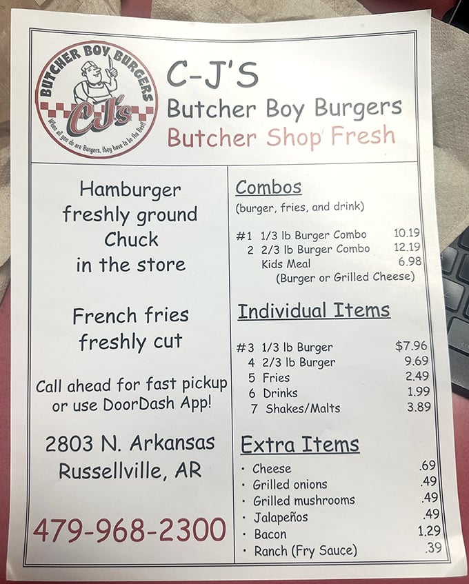 The menu at CJ's is refreshingly straightforward: no fancy names or gimmicks, just honest food with the promise of "Butcher Shop Fresh" in every bite.