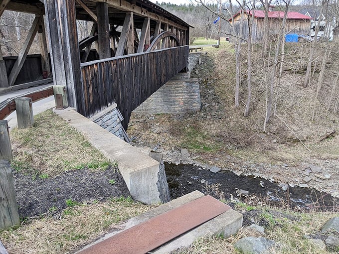 The bridge's sturdy side view showcases stone foundations that have withstood floods, winters, and the relentless march of progress.