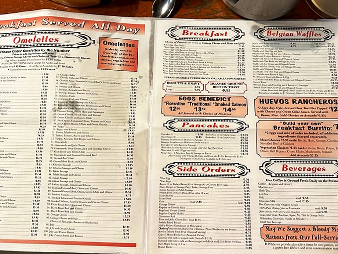 The legendary menu - a breakfast bible so extensive it requires its own zip code. Decision paralysis never tasted so good.