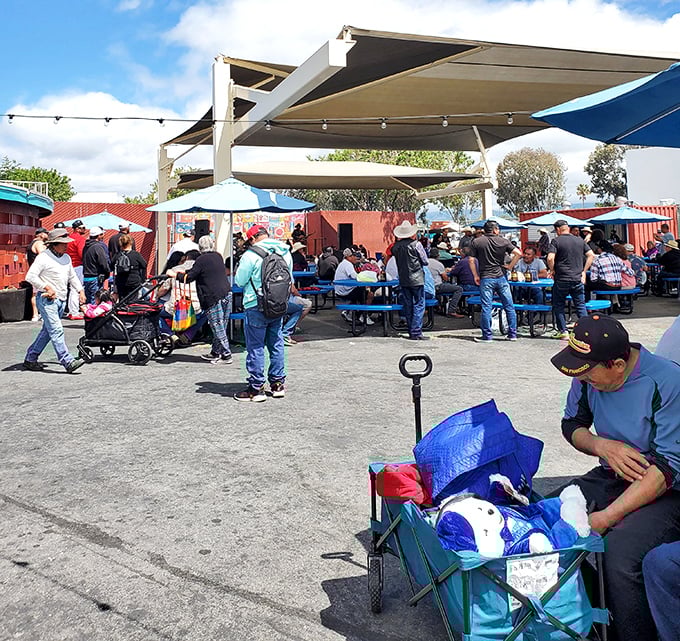 The food court area buzzes with activity as shoppers take a break, proving that treasure hunting works up an appetite worthy of these authentic eats.