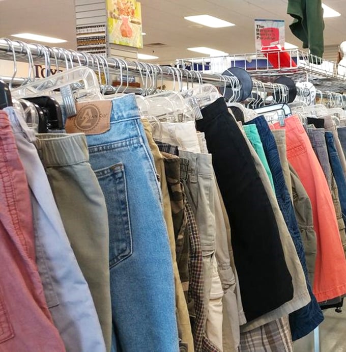 The denim rainbow! Every shade and style imaginable, proving that one person's closet cleanout becomes another's fashion revolution.