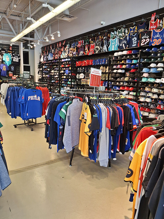 Sports fan paradise where you can represent your team from head to toe. The wall of jerseys alone could start friendly rivalries in the checkout line.