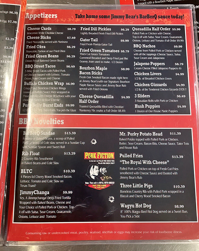 The menu reads like barbecue poetry&mdash;from "Pork Belly Burnt Ends" to the "JimmyChanga," each item is a sonnet to smoked meat perfection.