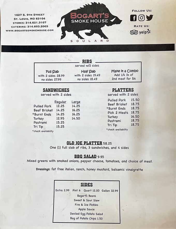 The menu tells the delicious story&mdash;from ribs to sandwiches to the legendary Old Joe Platter that could feed a small barbecue battalion.