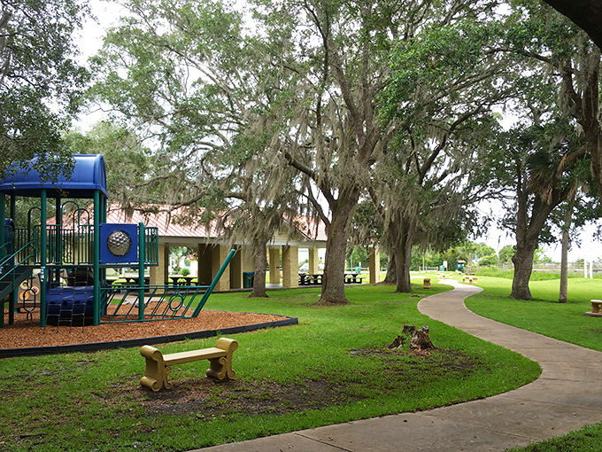Playground equipment that doesn't beep, blink, or require batteries. Under these ancient oaks, kids discover the original version of screen time&mdash;watching actual nature.