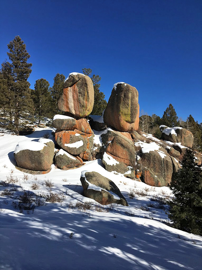 Mother Nature's rock garden looks like it was arranged by a giant with an artistic flair. Winter's dusting adds the perfect finishing touch.