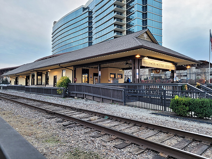 Where modern meets nostalgic: Branson's historic depot stands proudly against its contemporary backdrop, like your grandpa wearing AirPods.